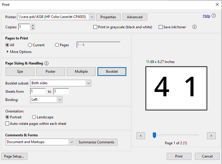 How do I print booklets with a double page spread?